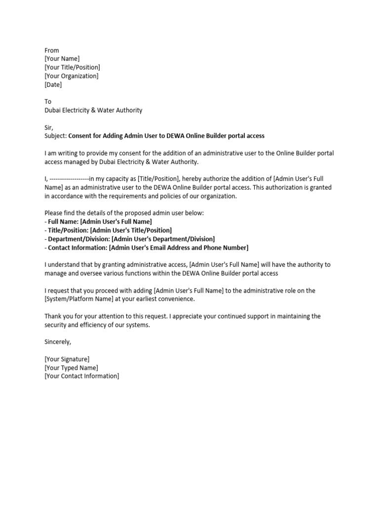 DEWA Admin User Authorization Letter | PDF