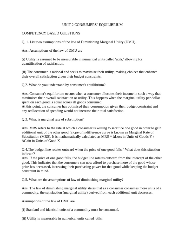 Unit 2 Consumers Equilibrium | PDF | Demand | Utility
