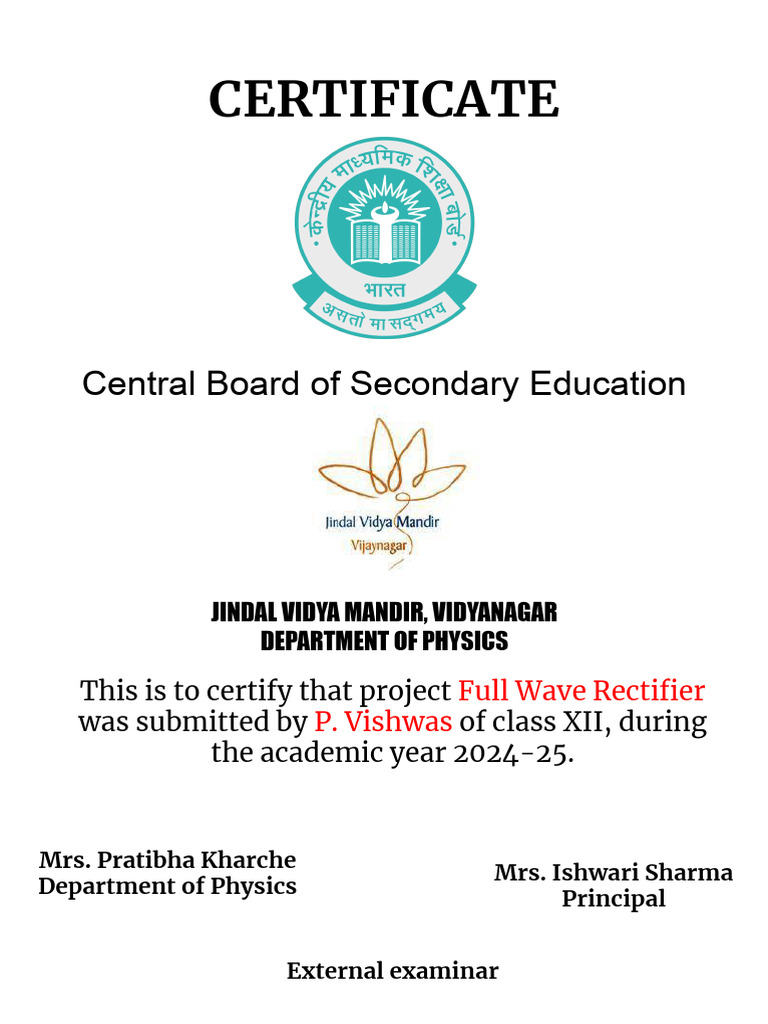 Physics project on Full Wave Rectifier | PDF | Rectifier | Manufactured Goods
