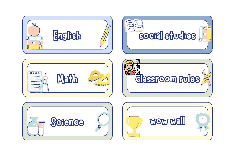 Subject Areas Labels in Colorful Illustrative Style | PDF