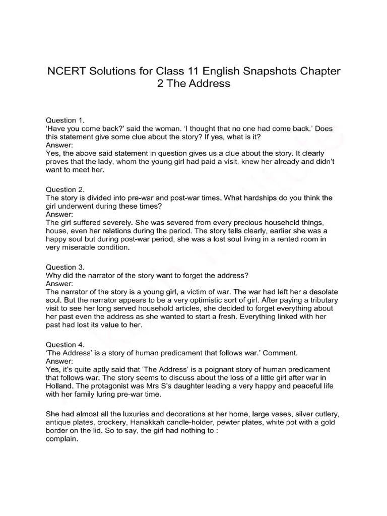 NCERT Solutions For Class 11 English Snapshots Chapter 2 The Address | PDF