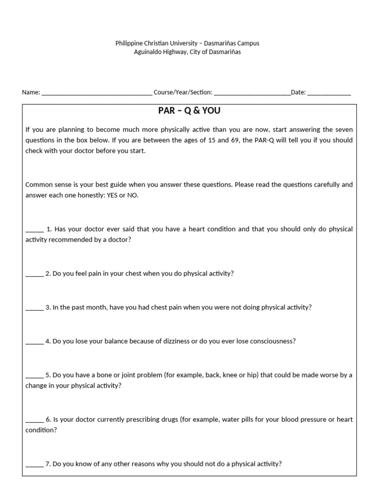 PAR-Q for Physical Activity Readiness | PDF