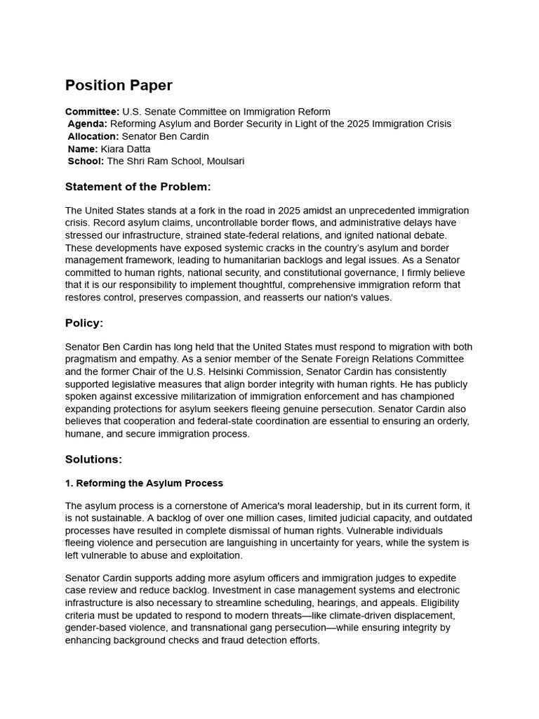 Position Paper - Kiara Datta - MUN | PDF | Immigration | Justice