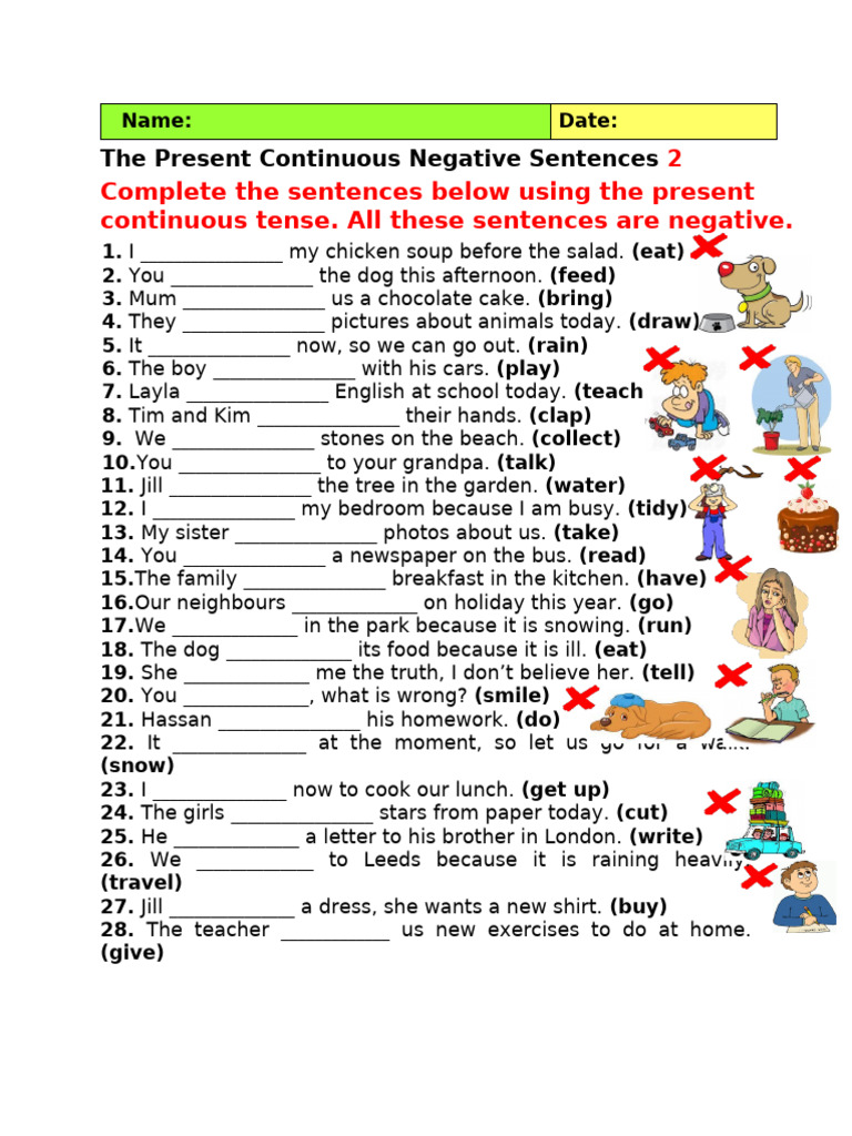 Present Continuous Negative Exercises | PDF