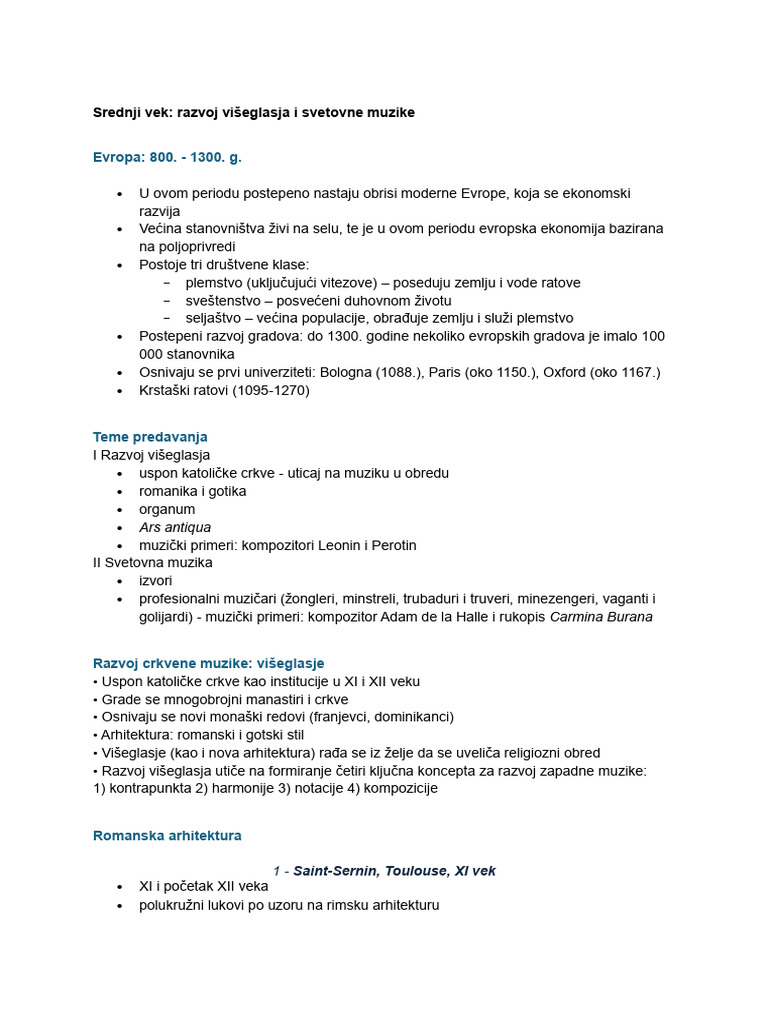 Srednji Vek - Razvoj Višeglasja I Svetovne Muzike | PDF