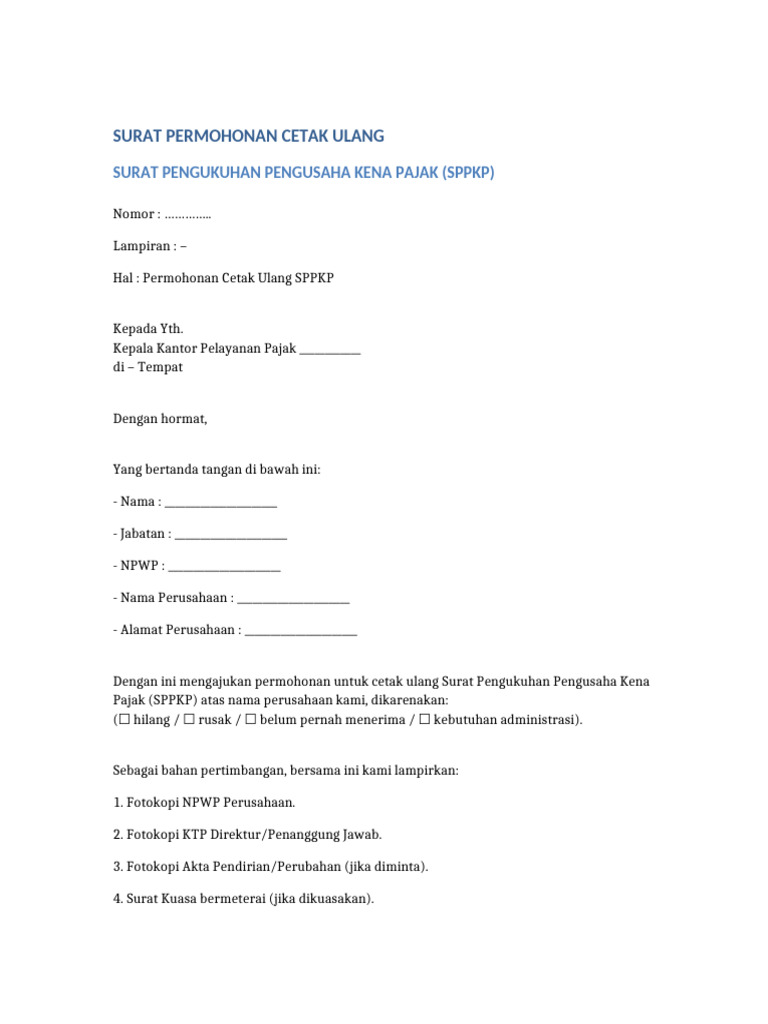 Permohonan Cetak Ulang SPPKP | PDF