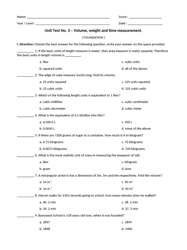 Unit Test: Volume, Weight, Time Measurements | PDF | Litre | Volume