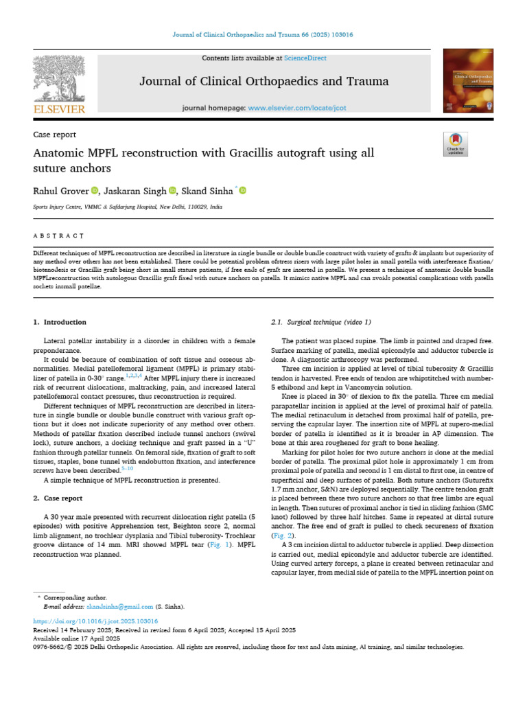 Anatomic MPFL Reconstruction Technique | PDF | Knee | Musculoskeletal ...