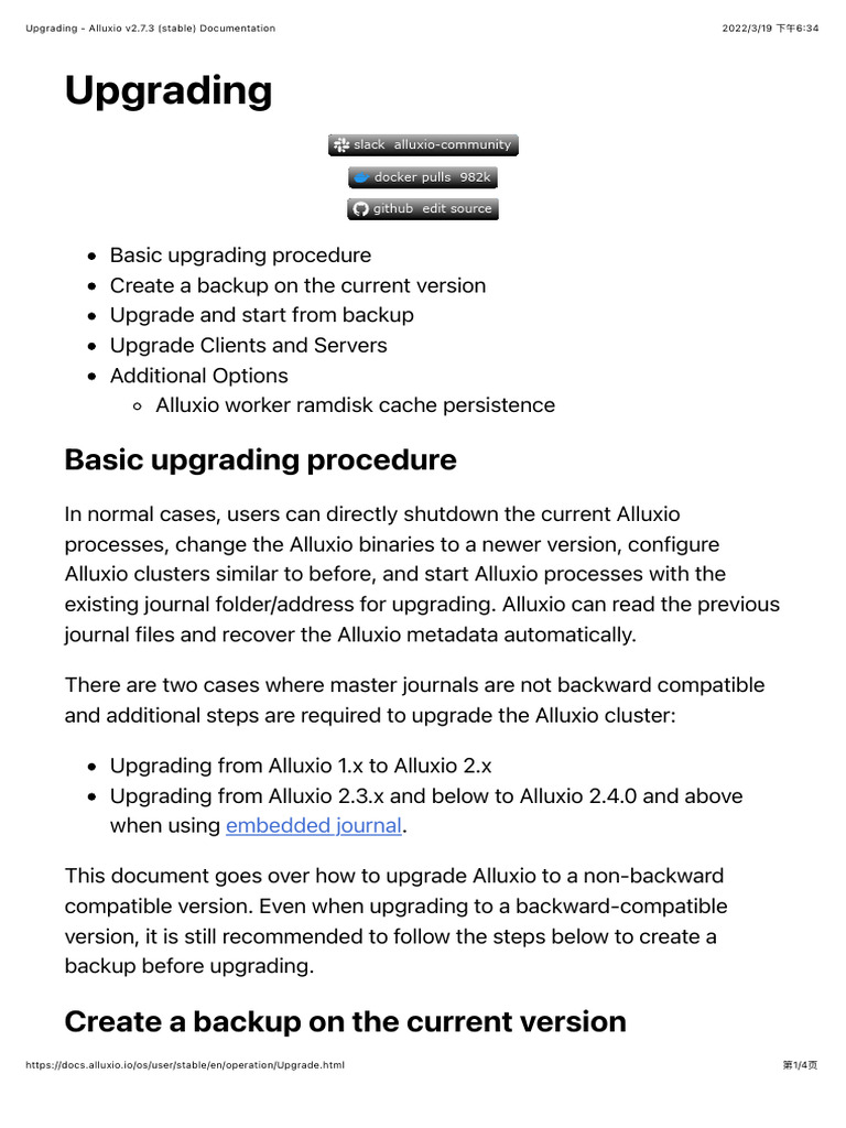 Upgrading - Alluxio v2.7.3 (Stable) Documentation | PDF | Backup | File System