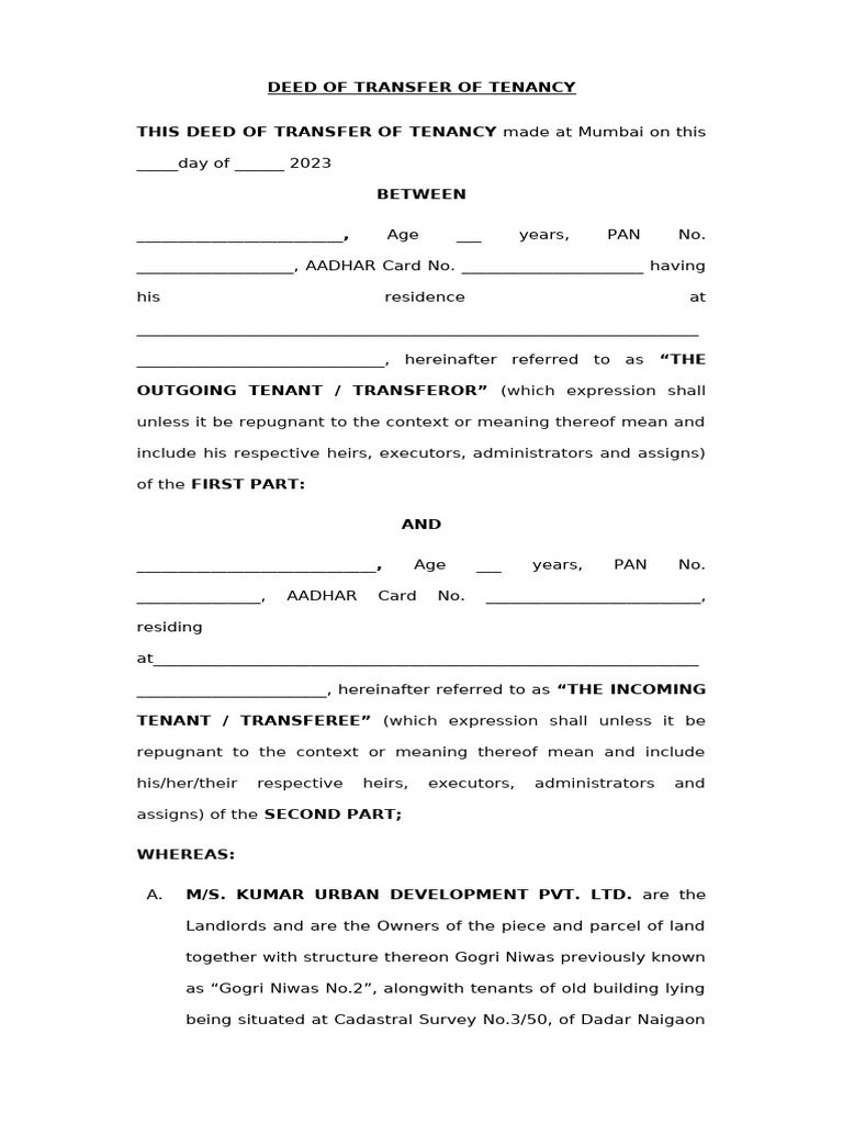 Mumbai Tenancy Transfer Deed | PDF | Leasehold Estate | Landlord