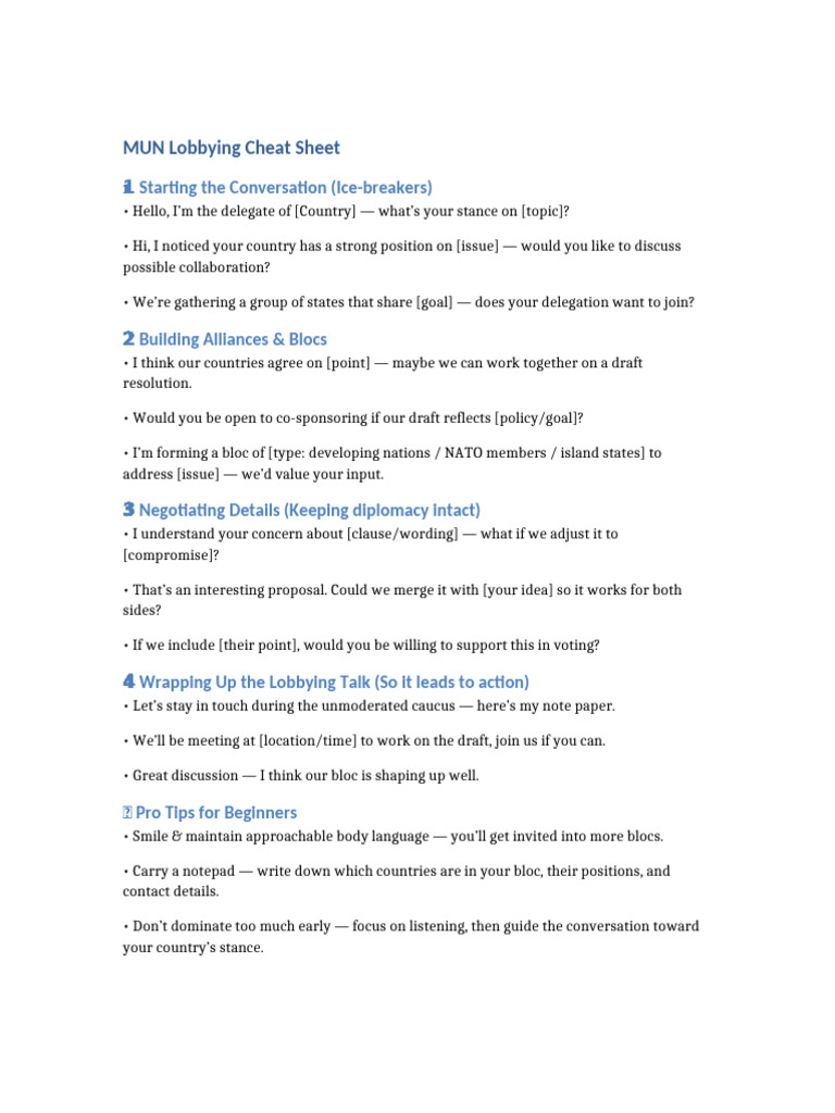 MUN Lobbying Strategies Cheat Sheet | PDF