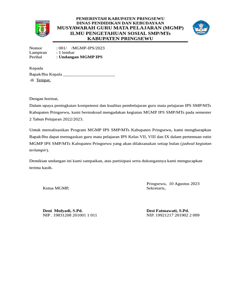 Surat Undangan MGMP 22-23 SMTR 2 | PDF