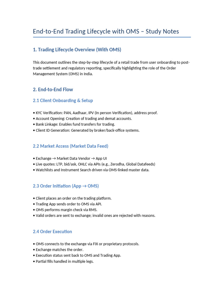 Trading Lifecycle With OMS Study Notes | PDF