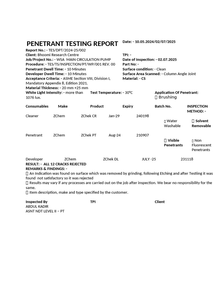 Dye Penetrant Test Results Summary | PDF