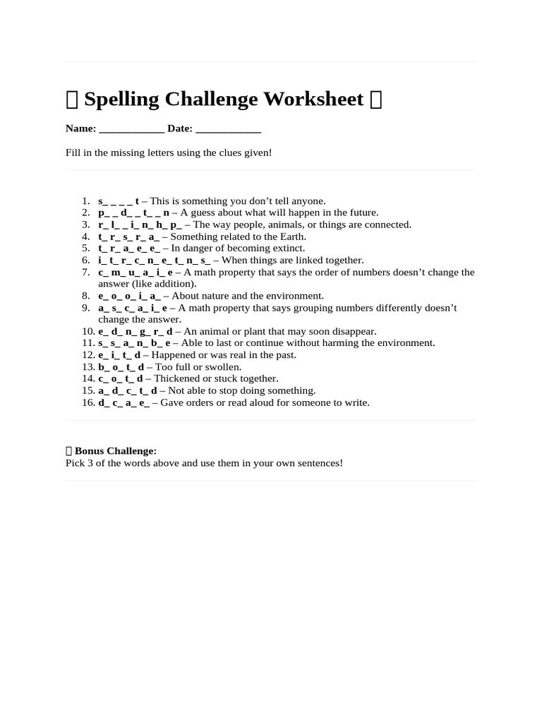 Spelling Challenge Worksheet | PDF