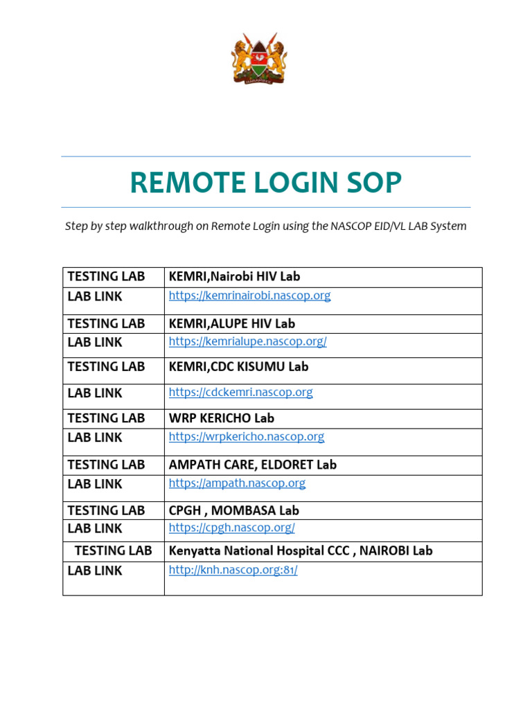 Remote Login SOP for NASCOP EID/VL | PDF | Login | Computing