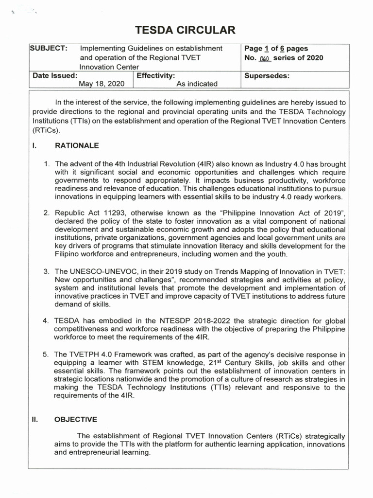 TESDA Guidelines for Regional Innovation Centers | PDF | Vocational ...