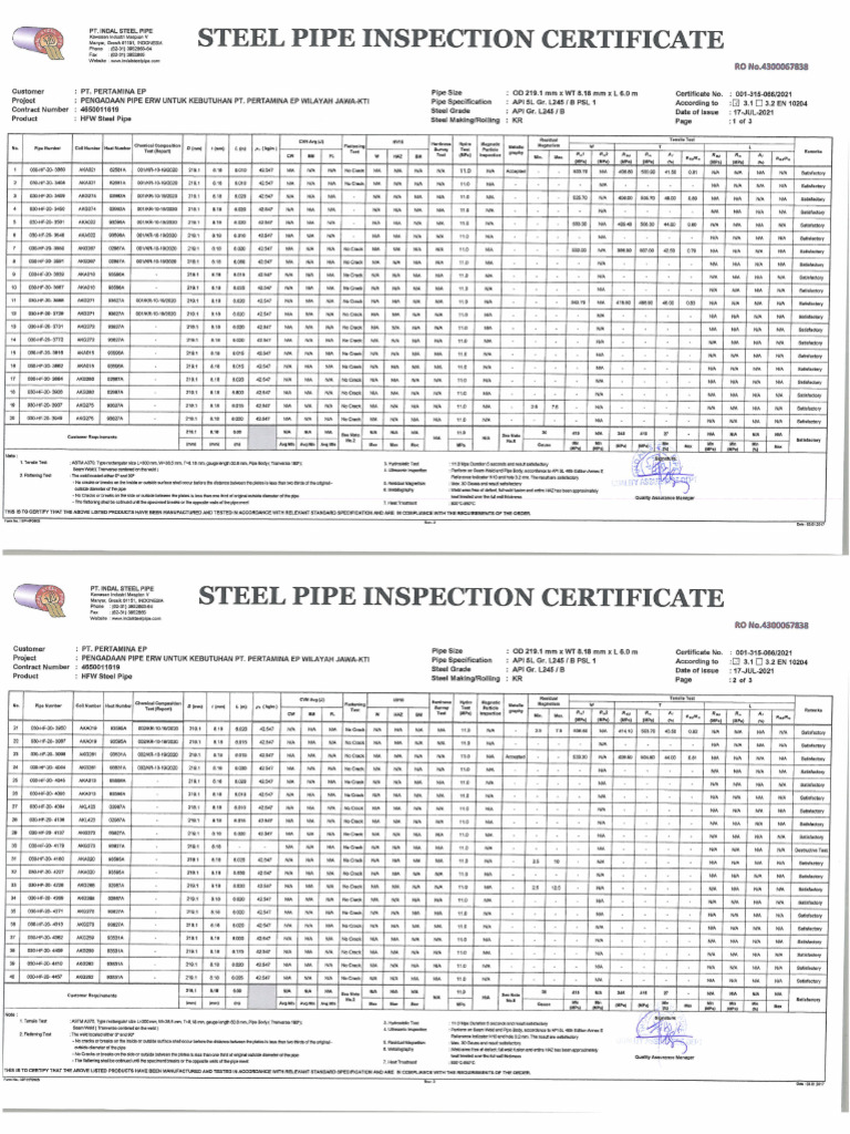 Inspection Certificate Pipa PEP | PDF