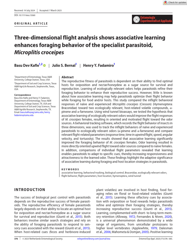 Entomologia Exp Applicata - 2025 - Kafle - Three Dimensional Flight Analysis Shows Associative ...