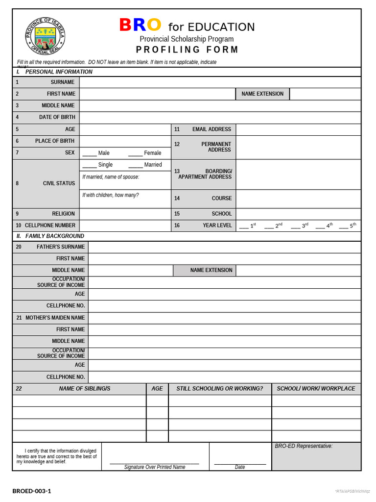 BRO Ed Scholarship PROFILING FORM | PDF