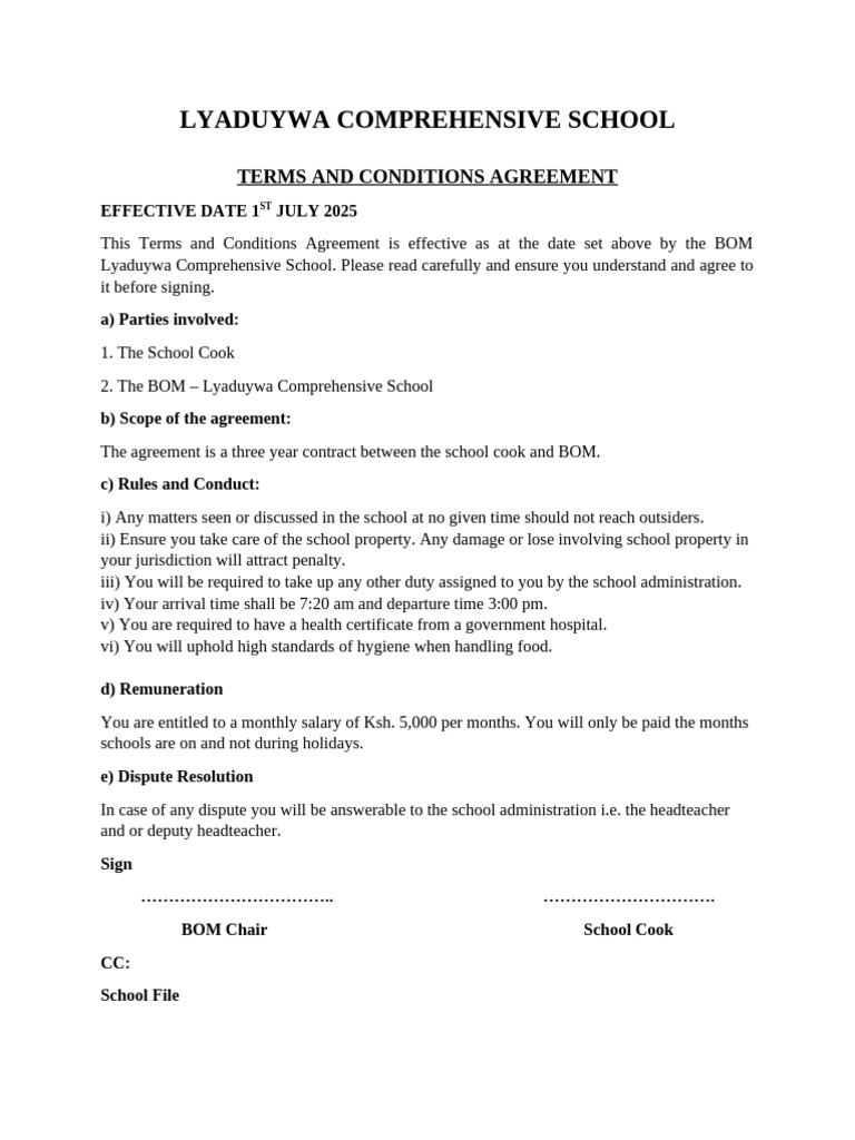 Lyaduywa School Cook Agreement 2025 | PDF