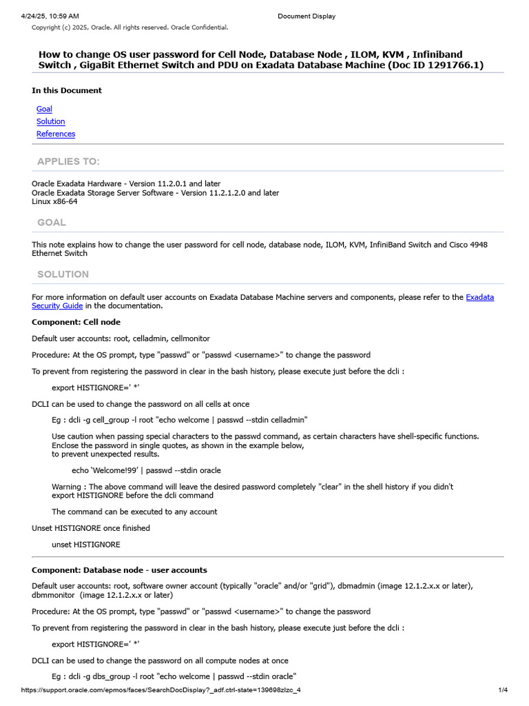 How to Change OS User Password for Cell Node, Database Node , ILOM, KVM , Infiniband Switch ...