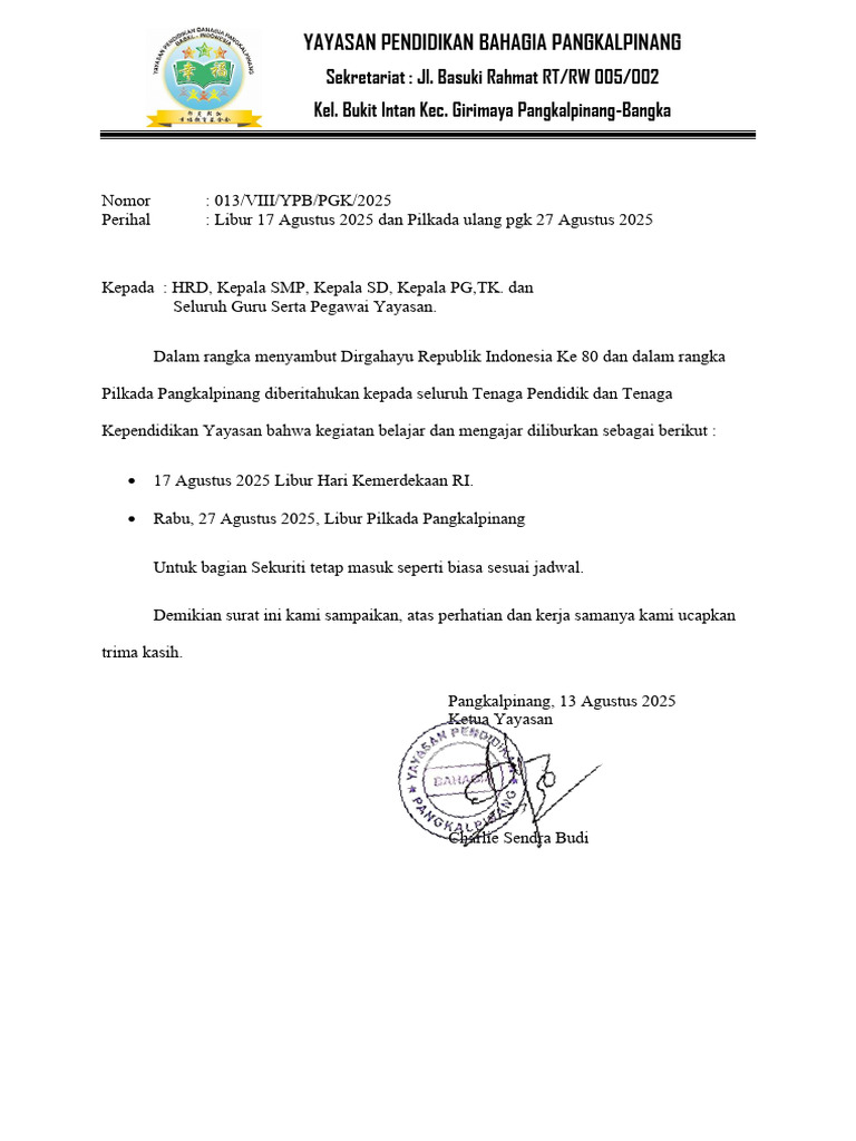 Surat Keputusan Libur Merdeka 2025 Dan Pilkada Ulang | PDF