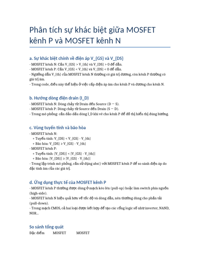 So Sanh MOSFET Kenh N Va P | PDF