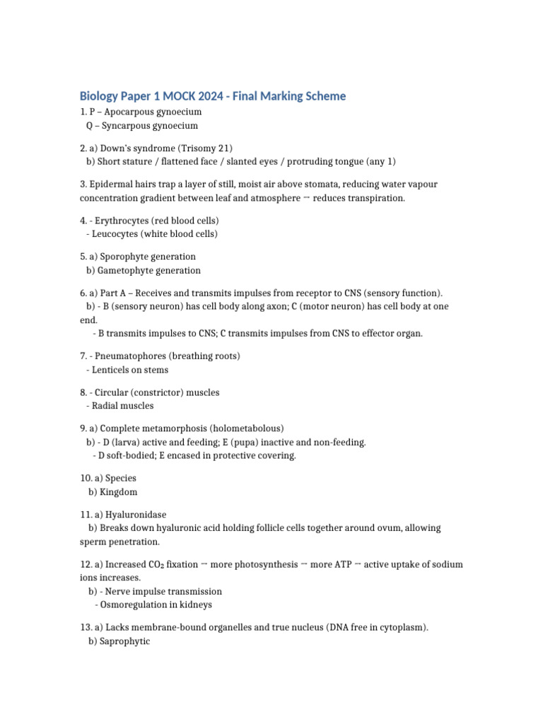 Biology Mock Exam 2024 Marking Scheme | PDF | Cellular Respiration ...