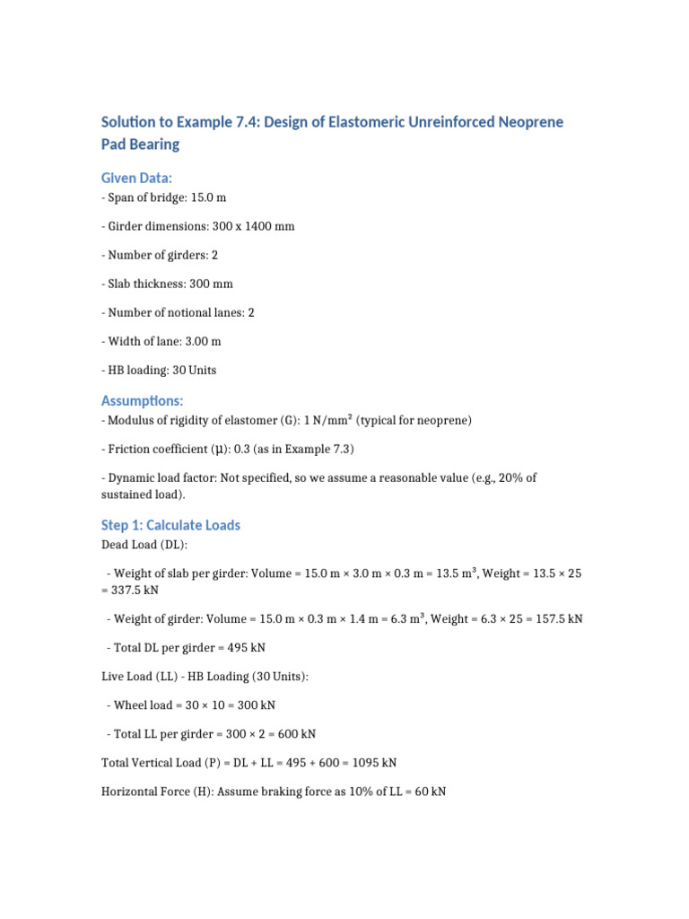 Elastomeric Pad Bearing Design Example 7.4 | PDF