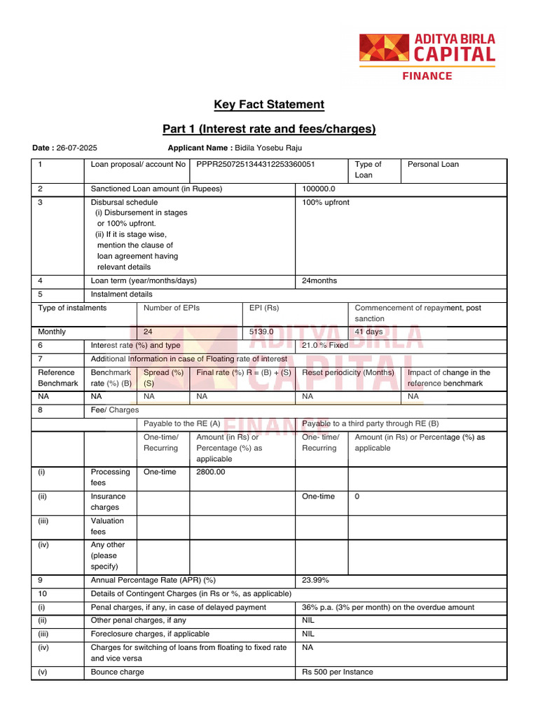 Personal Loan Key Fact Statement | PDF | Loans | Interest