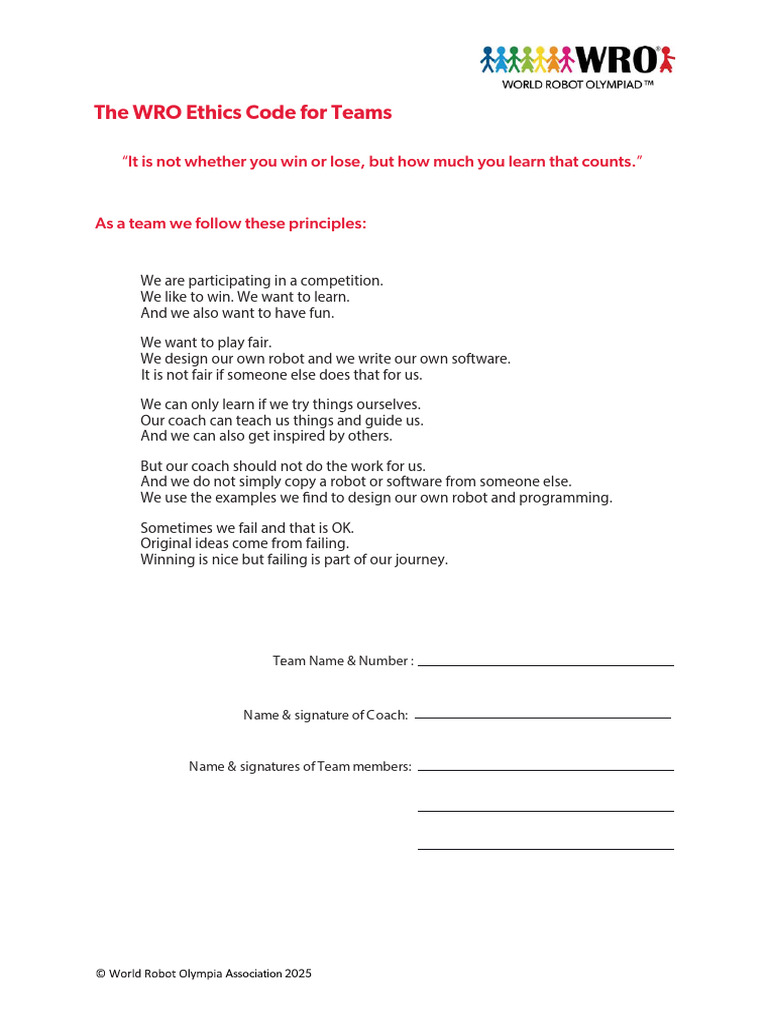 WRO 2025 Team Ethics Code | PDF