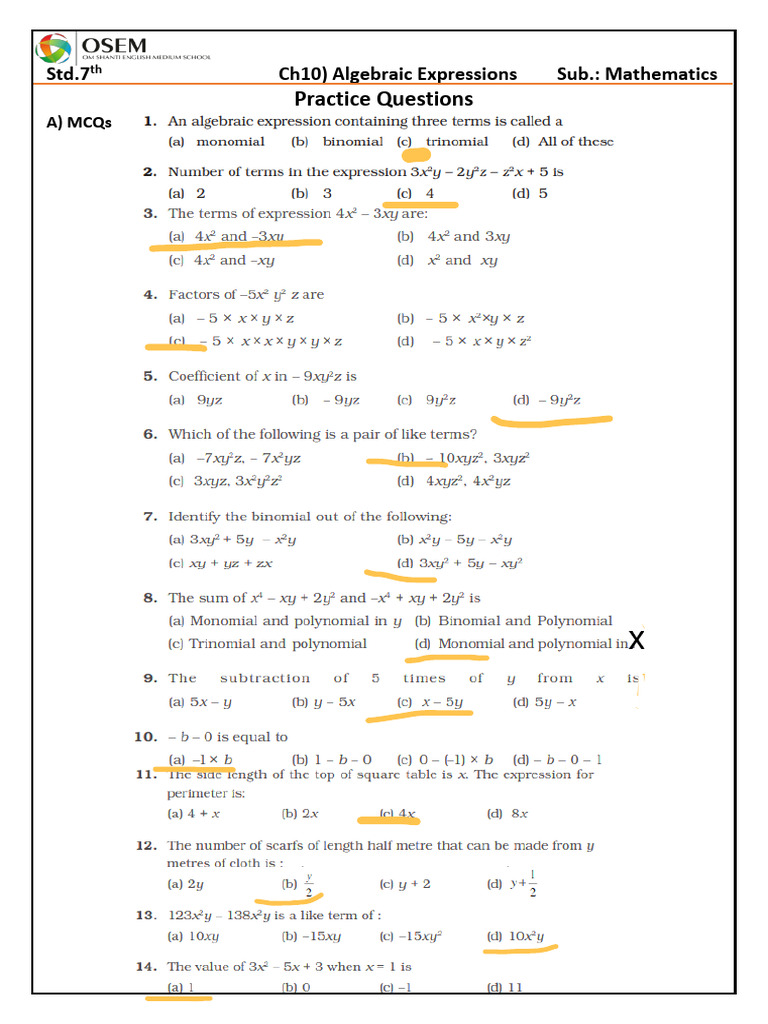 Practice Questions: Std.7 Ch10) Algebraic Expressions Sub.: Mathematics ...