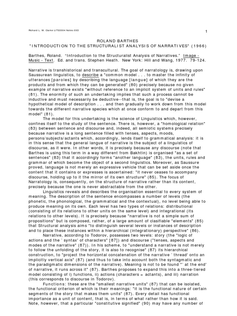 Roland Barthes "Introduction To The Structuralist Analysis of ...