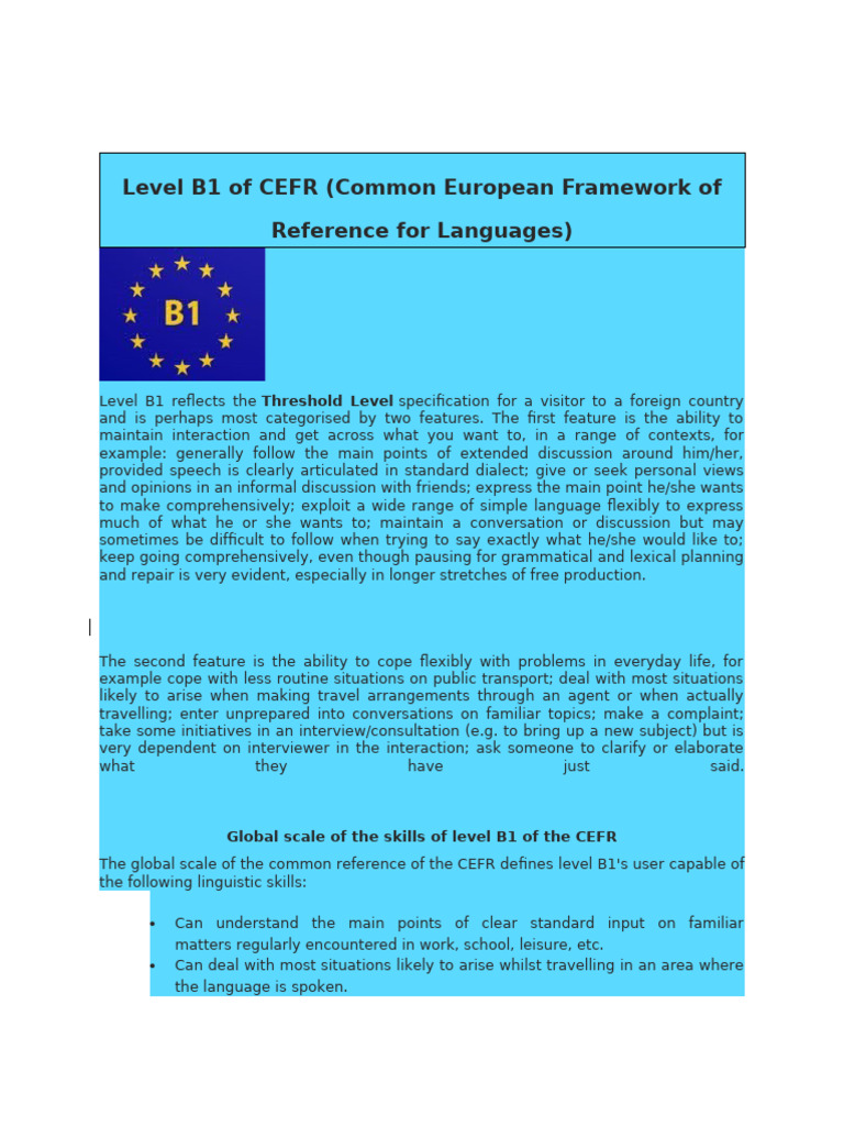 Level B1 of CEFR (Common European Framework of Reference For Languages ...