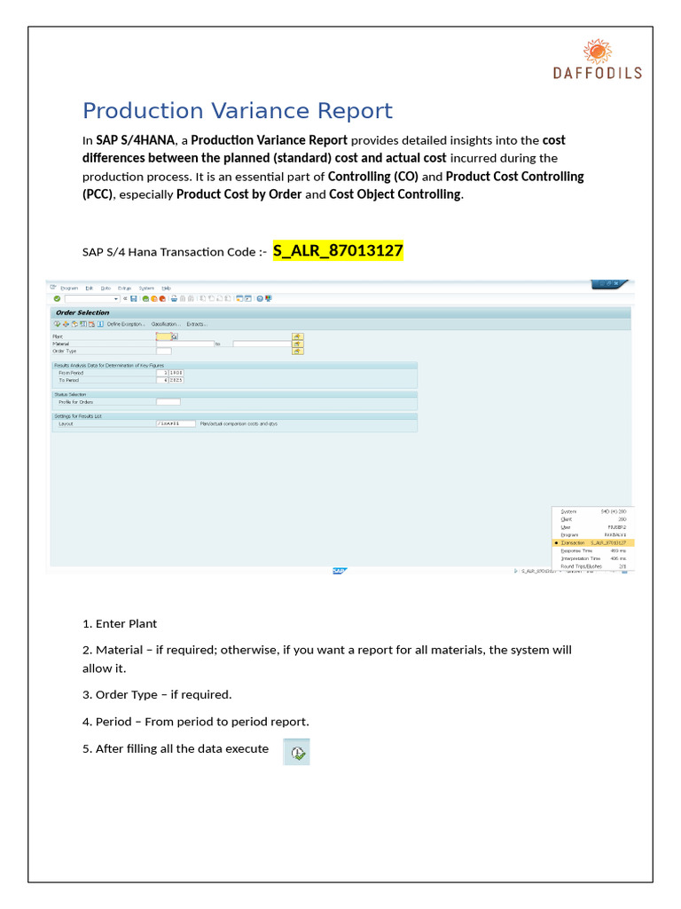 SAP S/4HANA Production Variance Report | PDF