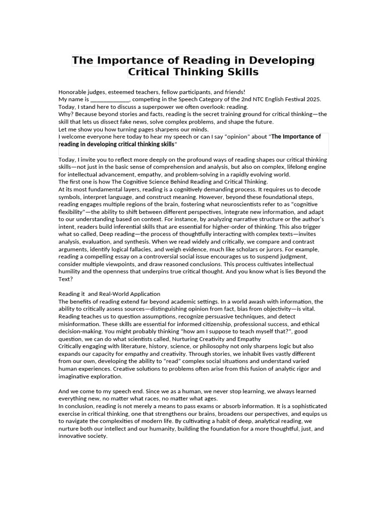 Reading: A Path to Critical Thinking | PDF | Critical Thinking | Thought