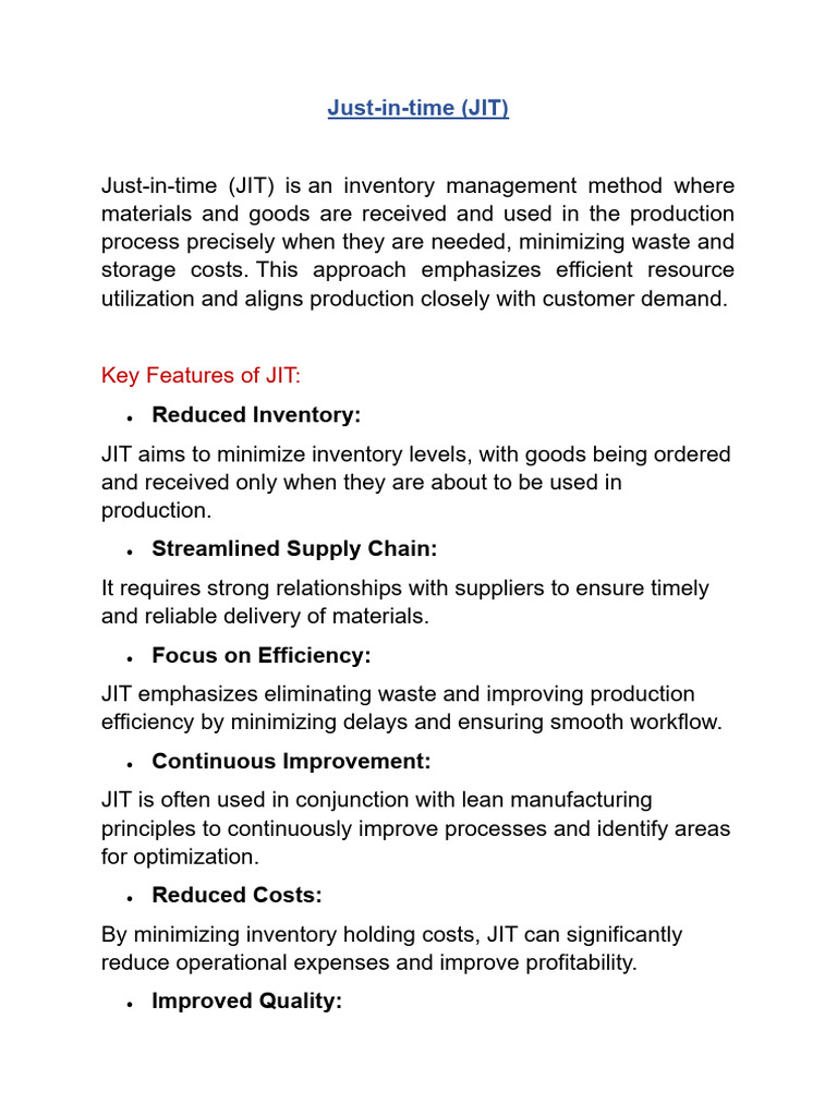 Key Features of Just-in-Time (JIT) | PDF
