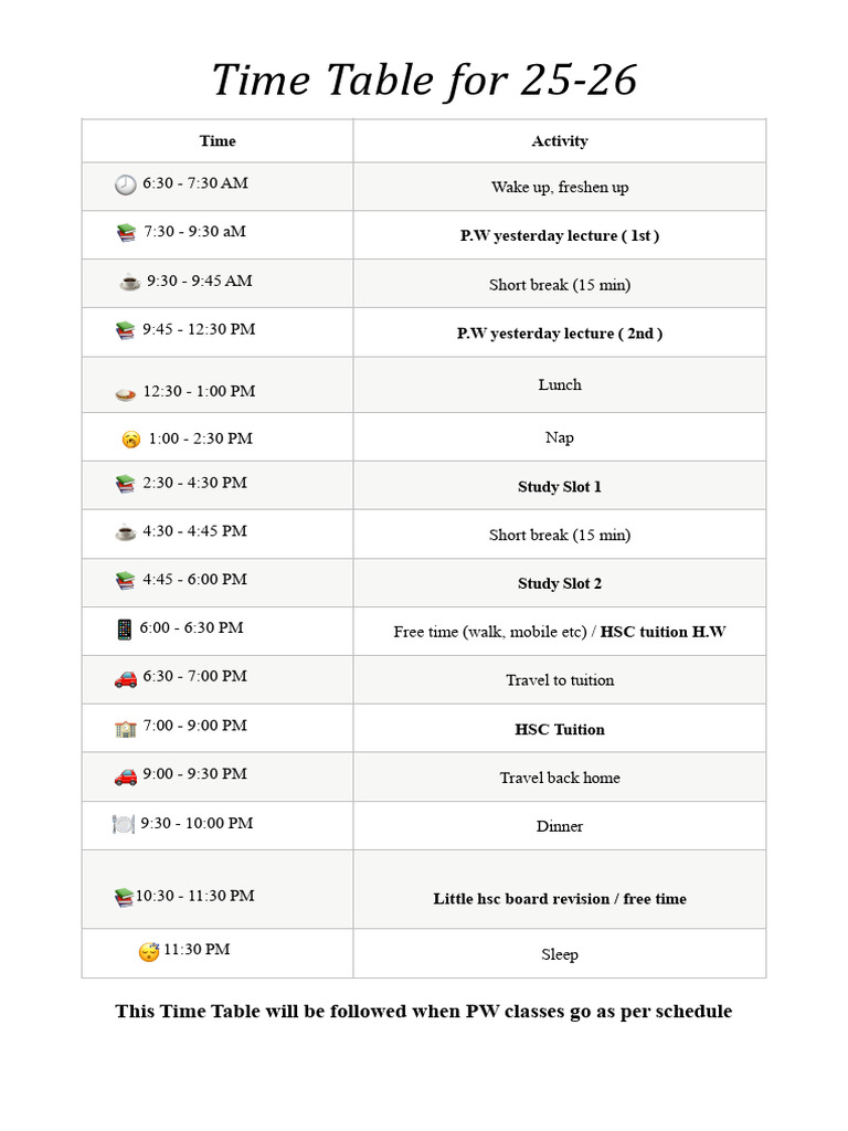 PW Time Table | PDF