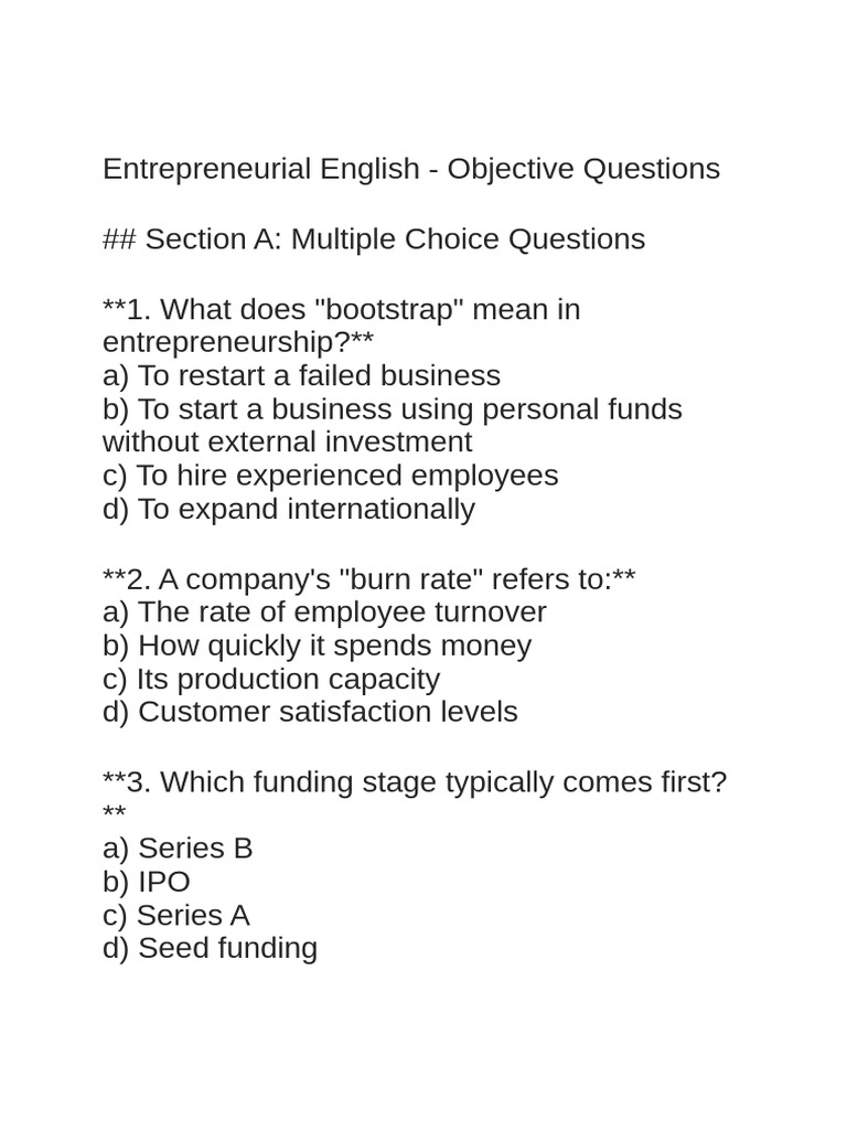 Entrepreneurial English Quiz: Objective Questions | PDF | Startup ...