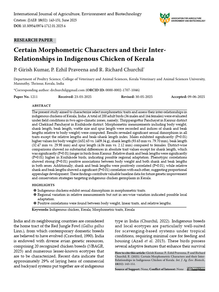 Certain Morphometric Characters and Their Inter Relationships in ...