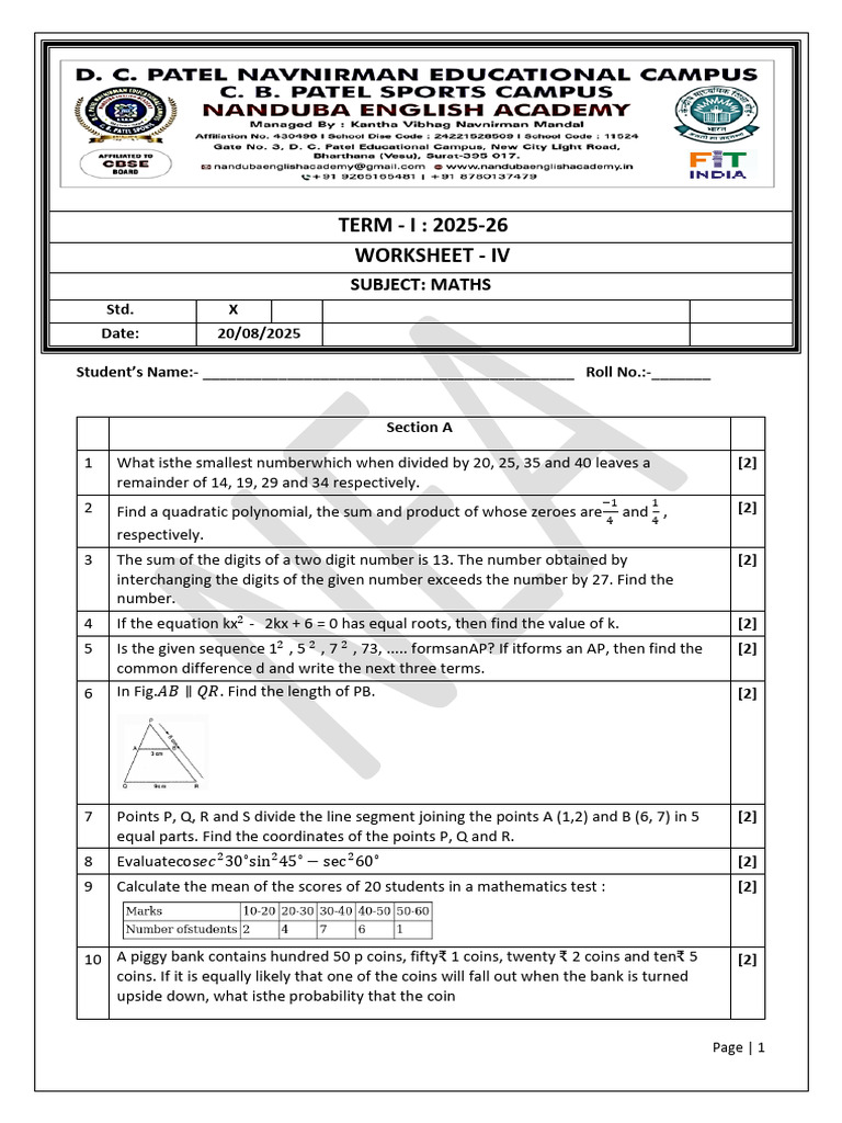 Maths Worksheet for Class X - Term I | PDF | Numbers | Quadratic Equation