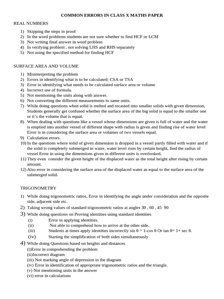 Common Errors in Class X | PDF | Equations | Trigonometry