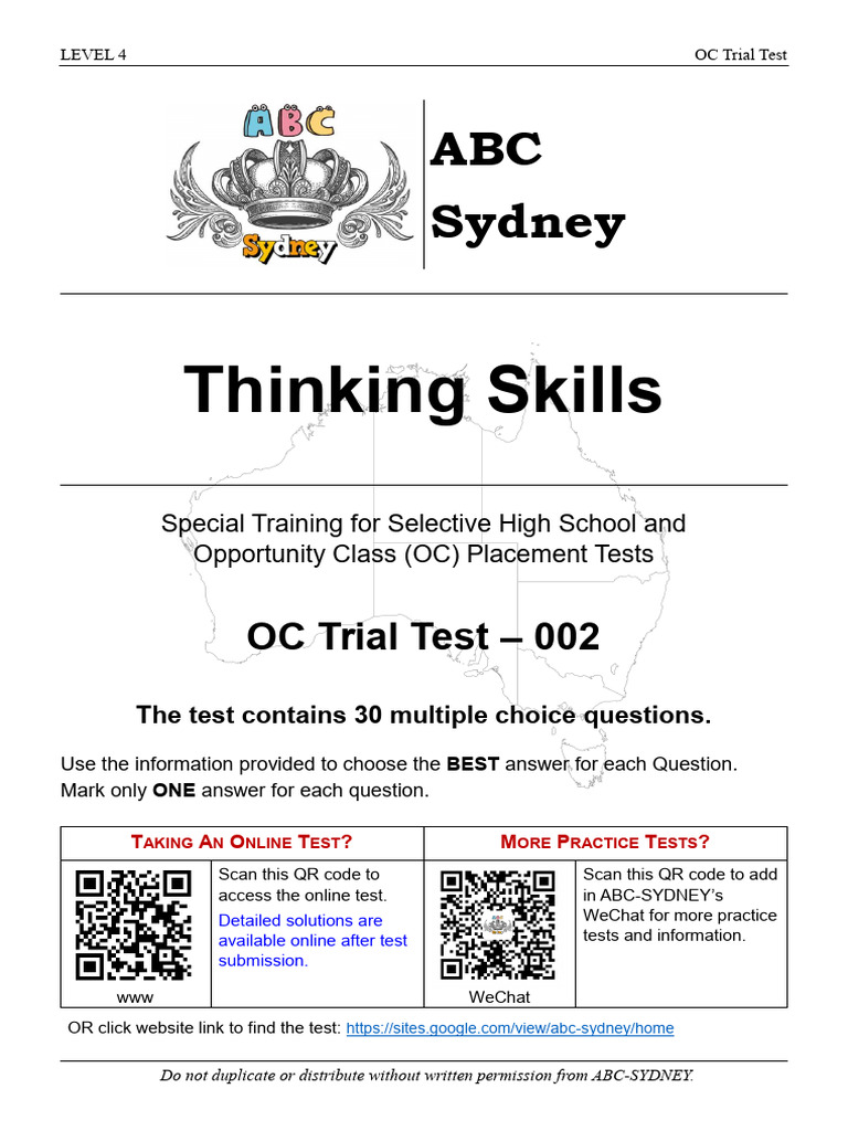 OC Thinking Skills Trial Test Level 4 | PDF | Master Of Business ...