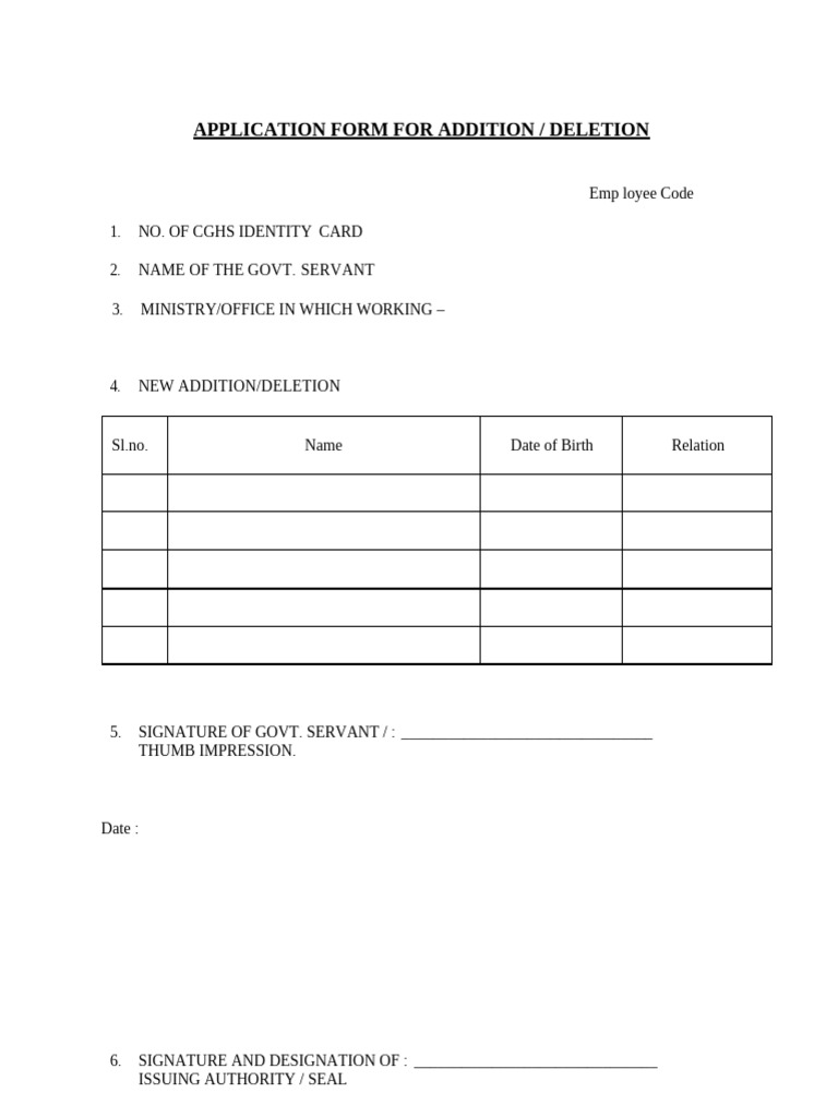 CGHS Name Addition/Deletion Form | PDF