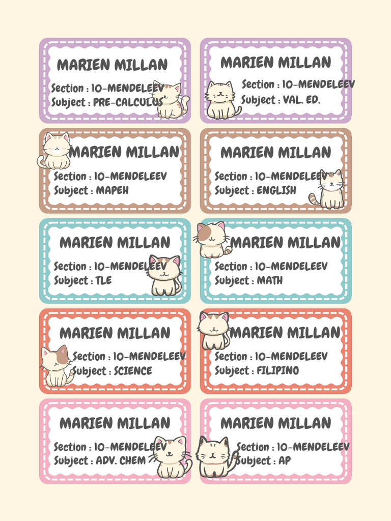Cream Colorful Cute Name Label A4 Document | PDF