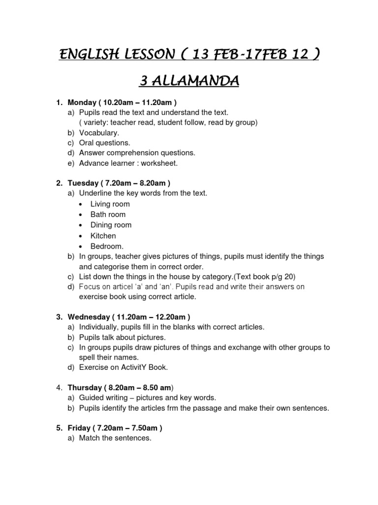 English Lesson 13 Feb-17 Feb | PDF | Kitchen | Reading Comprehension