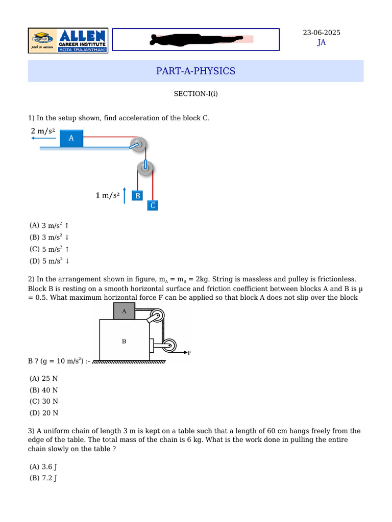 IIT JEE Physics and Chemistry Practice Questions | PDF | Force ...