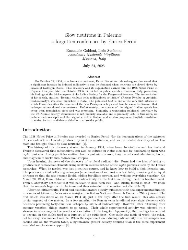 Slow Neutrons in Palermo - A Forgotten Conference by Enrico Fermi | PDF ...
