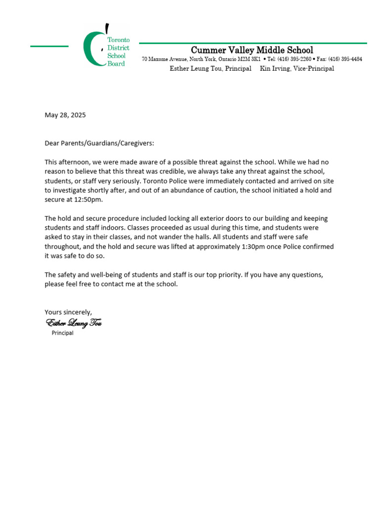 Cummer Valley Safe Schools Letter, May 2025 | PDF